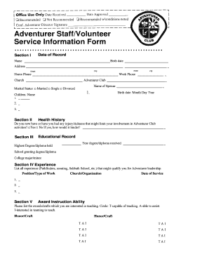 Fillable Online Adventurer StaffVolunteer Service Information Form Fax ...
