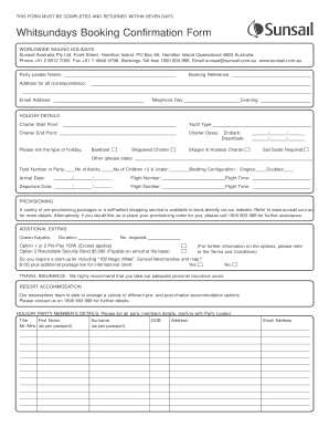 Fillable Online Whitsundays Booking Confirmation Form Fax Email Print ...