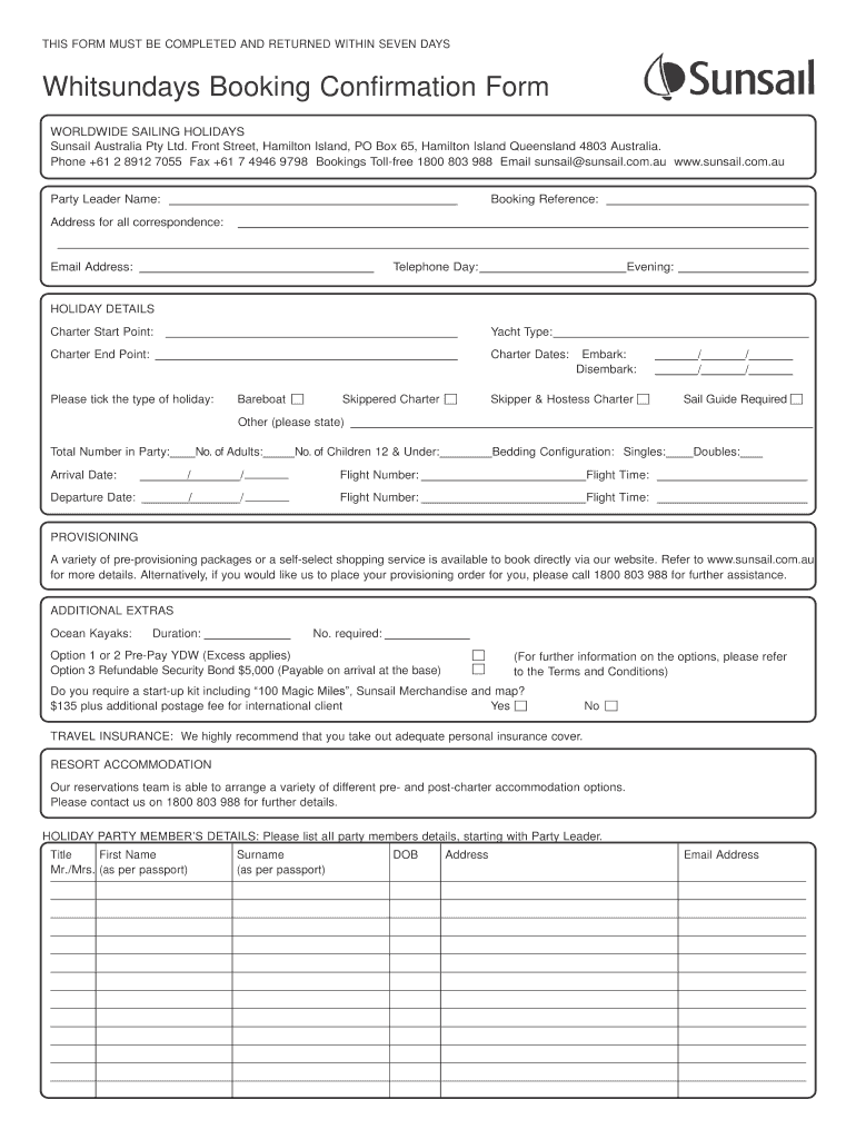Fillable Online Whitsundays Booking Confirmation Form Fax Email Print ...