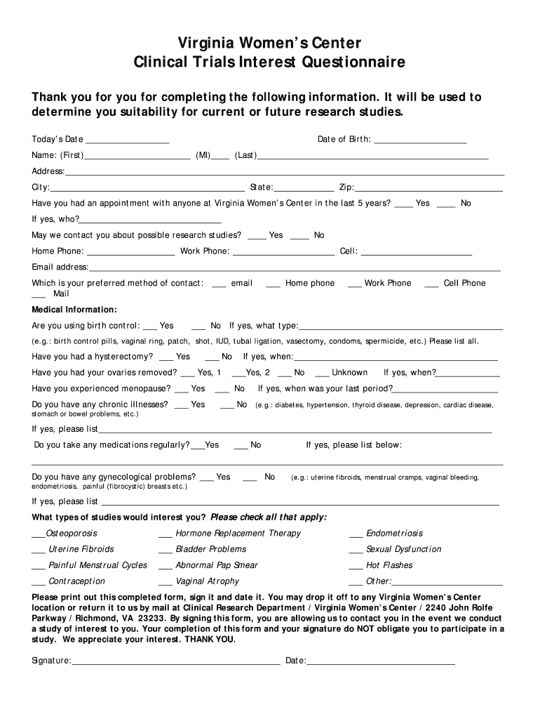 Fillable Online Virginia Women's Center Clinical Trials Interest ...