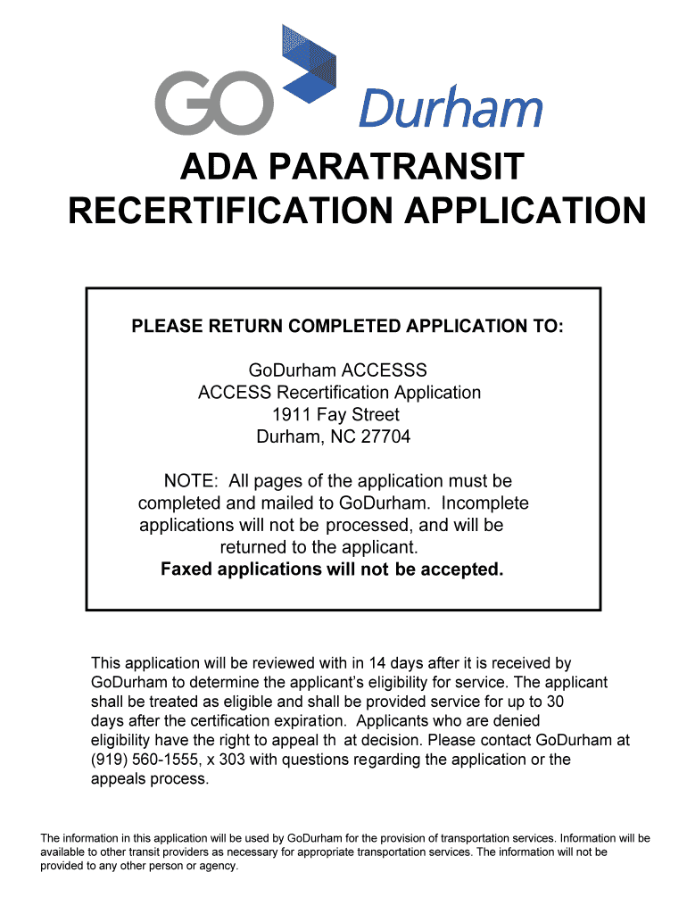 Fillable Online ADA PARATRANSIT RECERTIFICATION APPLICATION Fax Email ...