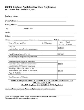 Fillable Online brightonapplefest 2016 Car Show Application ...