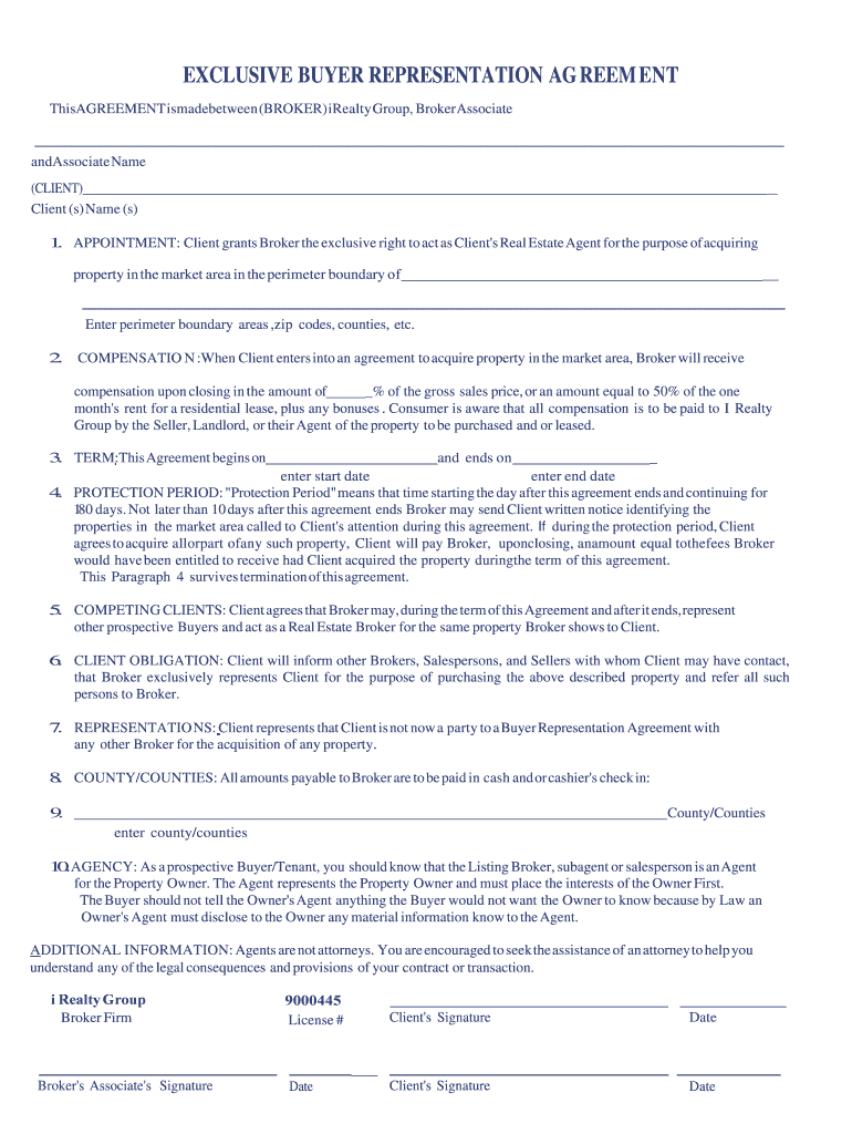 Fillable Online EXCLUSIVE BUYER REPRESENTATION AG REEM ENT Fax Email Print - pdfFiller