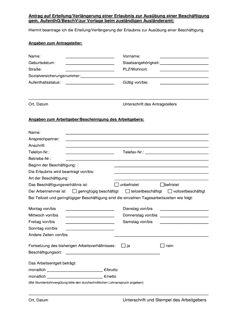 Ausfüllbar Online Antrag auf ErteilungVerlngerung einer Erlaubnis zur Ausbung einer Beschftigung ...