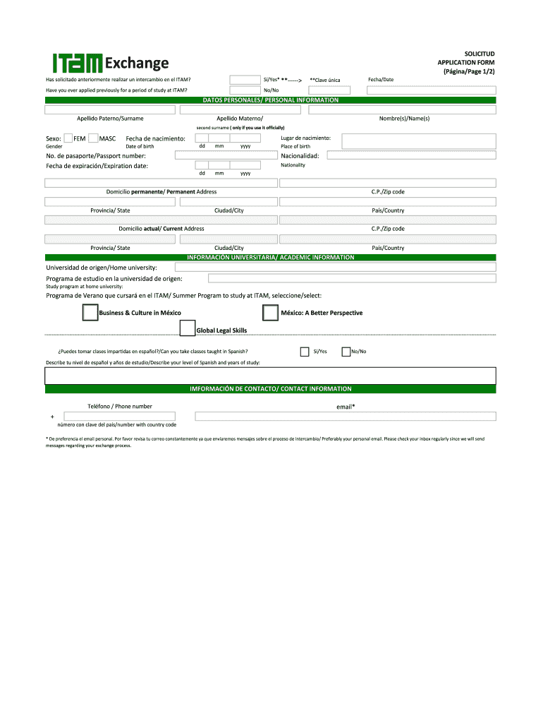 Fillable Online intercambio itam Summer bApplicationb Formxlsx - ITAM Fax Email Print - pdfFiller