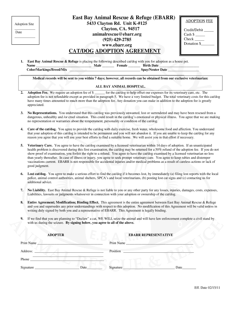 Fillable Online ebarr Adoption agreement - East Bay Animal Rescue and ...