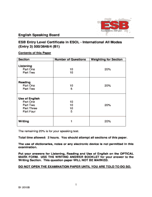 Fillable Online ESB Entry Level Certificate in ESOL International All ...