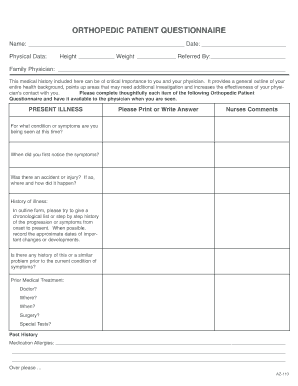 Fillable Online Orthopedic patient questionnaire - Azalea Orthopedics ...