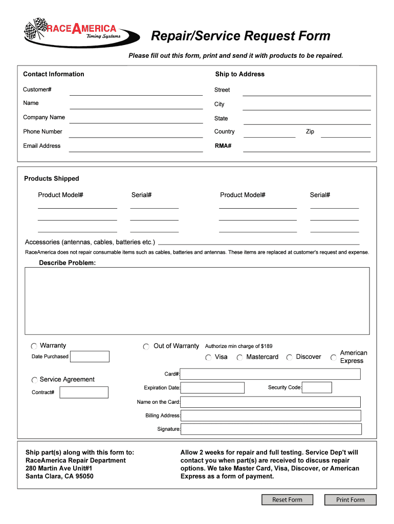 Fillable Online Repair/Service Request Form - RaceAmerica Fax Email ...