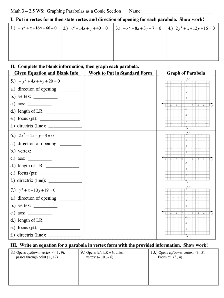Fillable Online I Put in vertex form then state vertex and direction of ...
