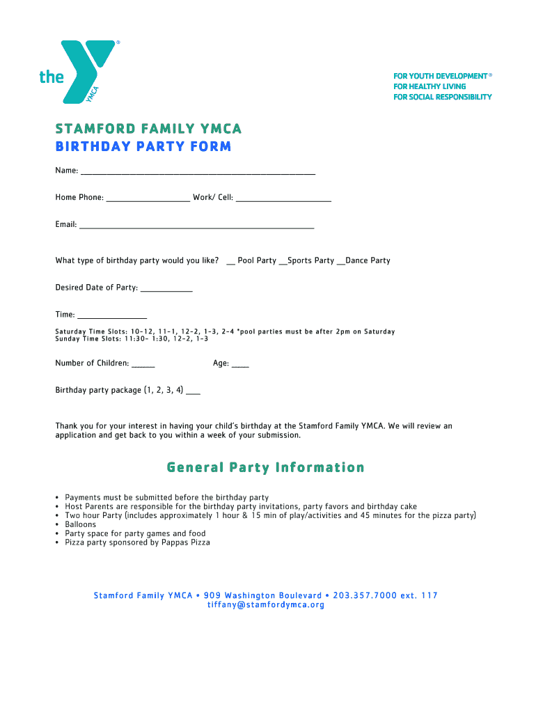 Fillable Online stamfordymca Birthday Party Application Form 521 ...
