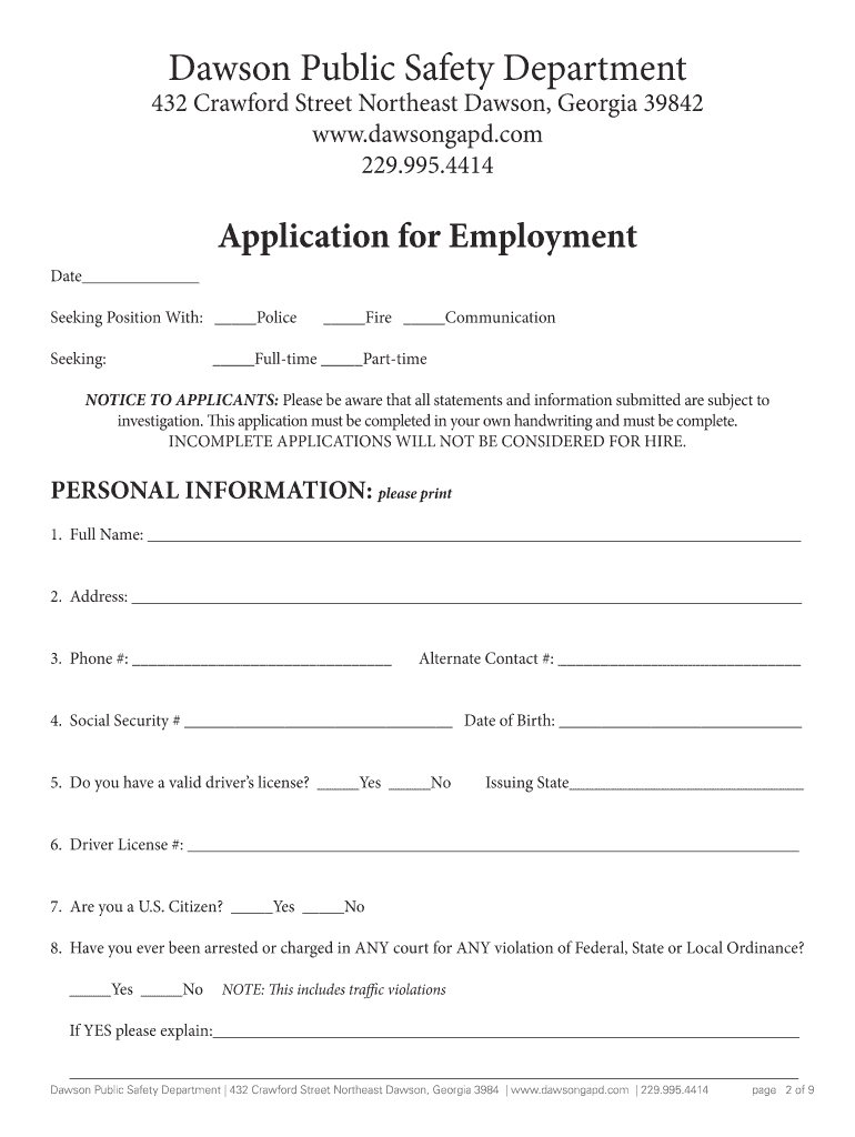 Fillable Online Download Application - Dawson, Georgia Police ...