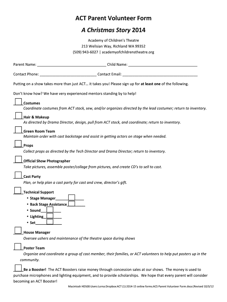Fillable Online academyofchildrenstheatre ACS Parent Volunteer Form ...