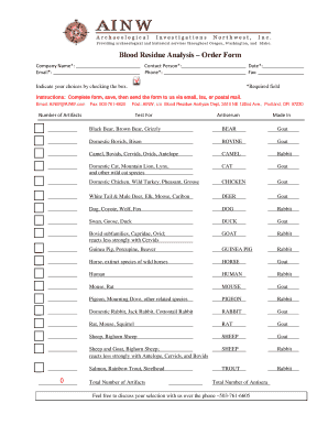 Fillable Online Blood Residue Analysis bOrder Formb - AINW Fax Email ...