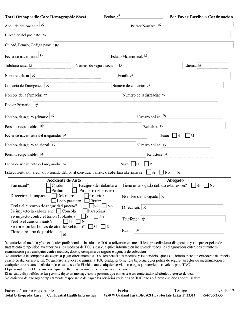 Fillable Online toc Total Orthopaedic Care Demographic Sheet ...
