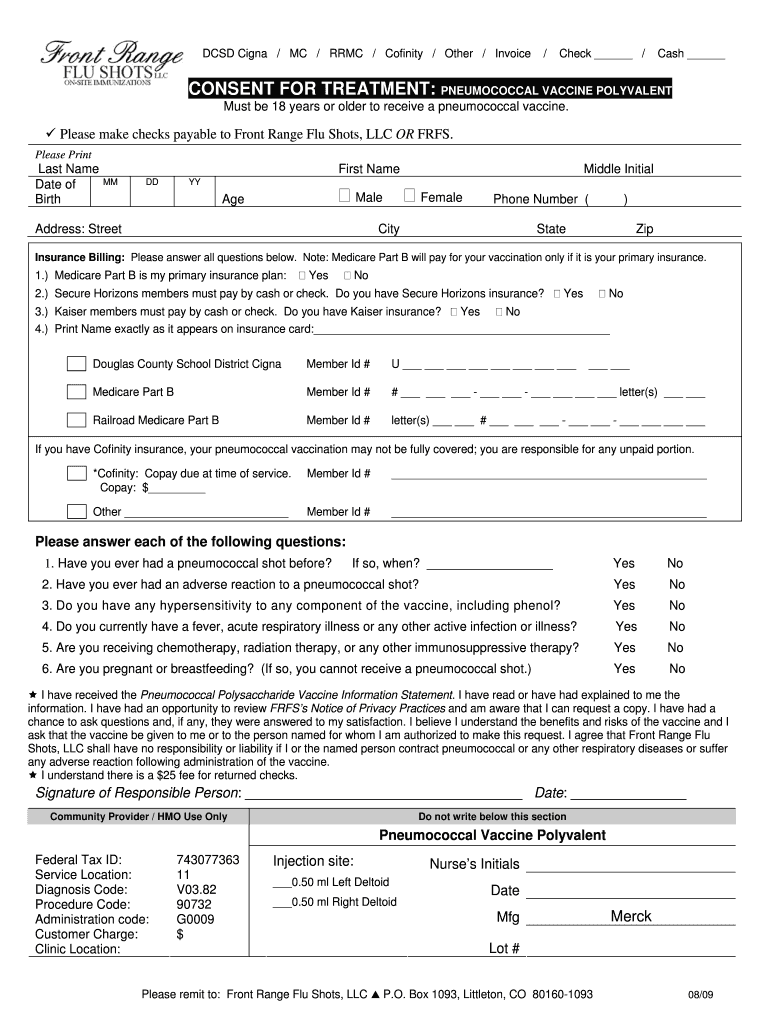 Fillable Online CONSENT FOR TREATMENT PNEUMOCOCCAL VACCINE POLYVALENT ...