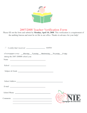 Fillable Online 20072008 Teacher Verification Form ...