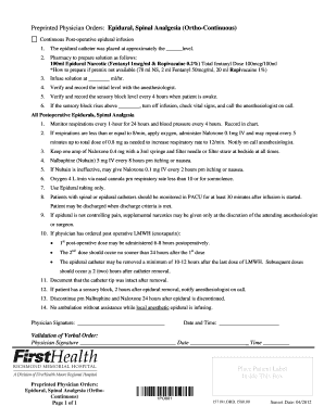 Fillable Online RMH Preprinted Physician Orders - Epidural Spinal ...