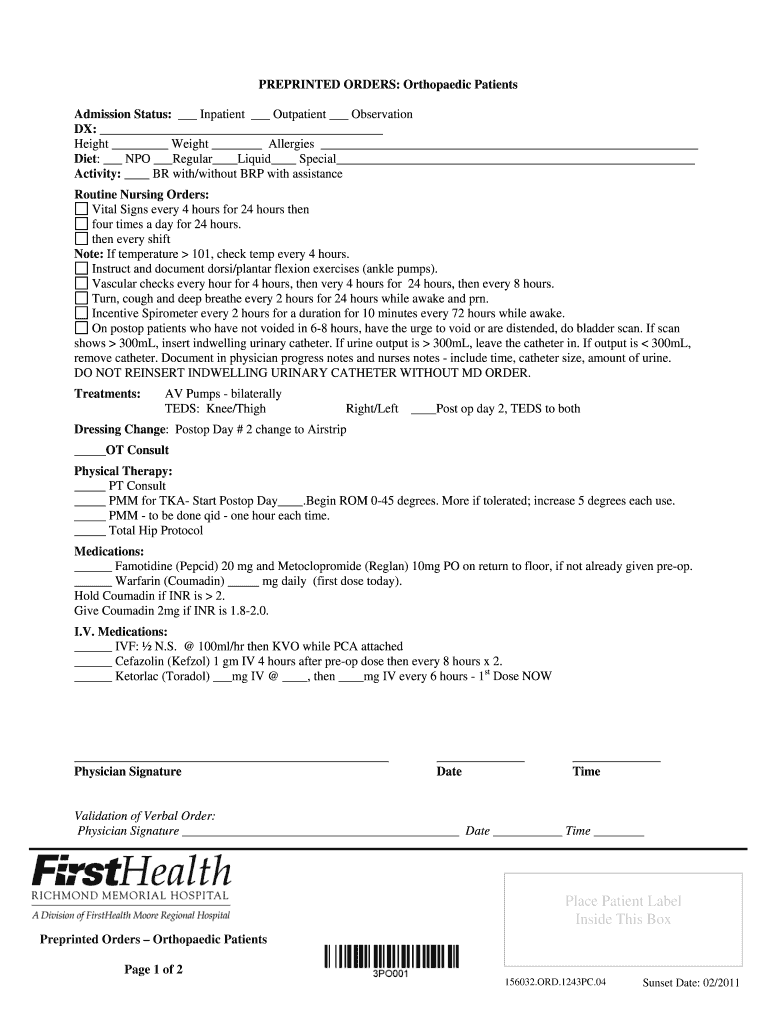 Fillable Online RMH Preprinted Physician Orders - Post Op Orthopaedic ...