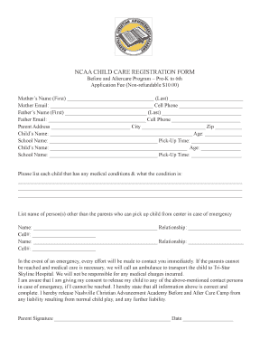Fillable Online ncaacademy NCAA CHILD CARE REGISTRATION FORM Fax Email ...