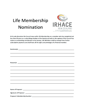 Fillable Online irhace org Life Membership Nomination At its sole discretion the Council may ...