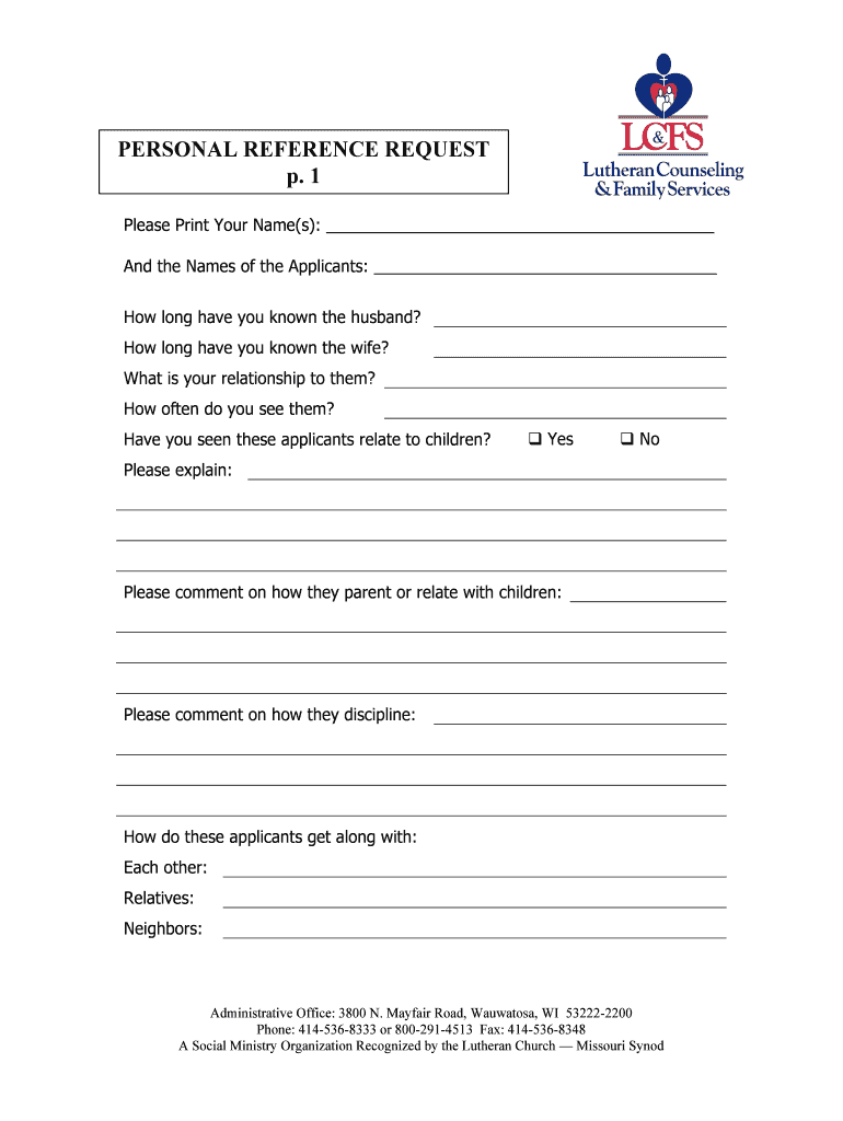 Fillable Online PERSONAL REFERENCE REQUEST p 1 Fax Email Print - pdfFiller