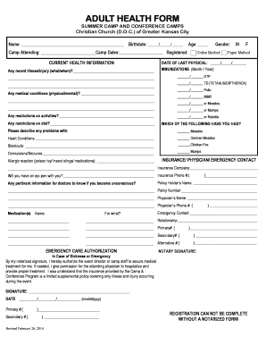 Fillable Online talloaks Adult health form - Tall Oaks Conference ...