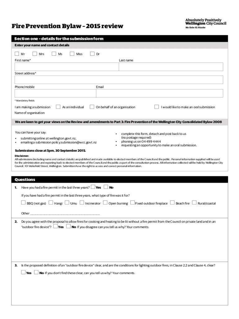 Fillable Online wellington govt Fire Bylaw Review 2015 - Printable ...