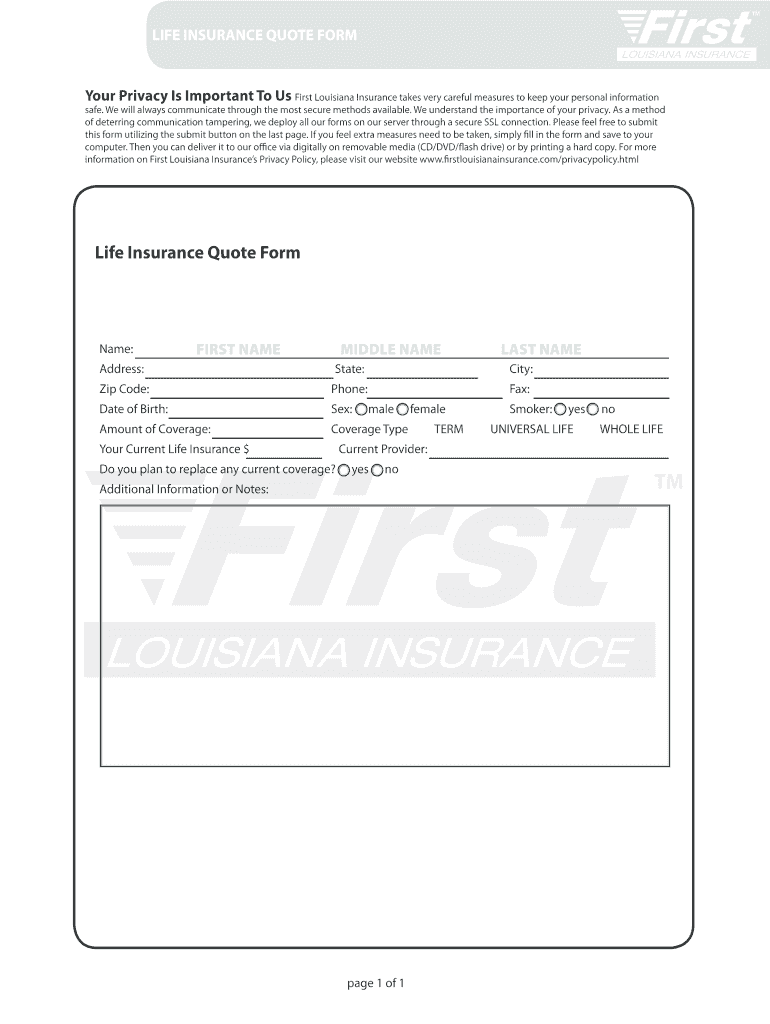 Fillable Online Life Insurance Quote Form - First Louisiana Insurance ...