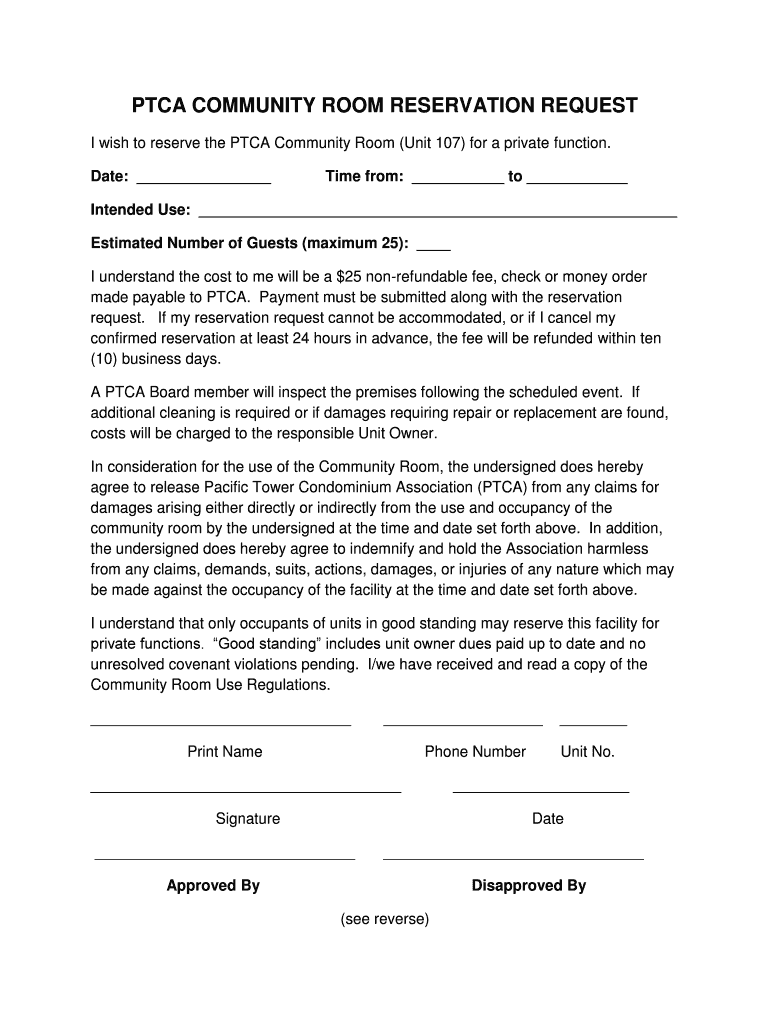 Fillable Online ptcatacoma Ptca community room reservation request ...