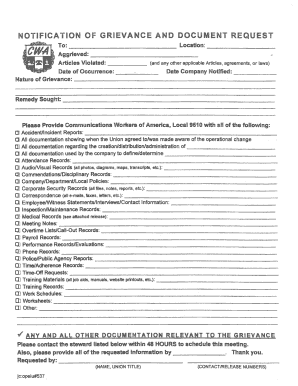 Fillable Online cwa9510 NOTIFICATIO OF GRIEVANCE AND DOCUMENT REQUEST Fax Email Print - pdfFiller