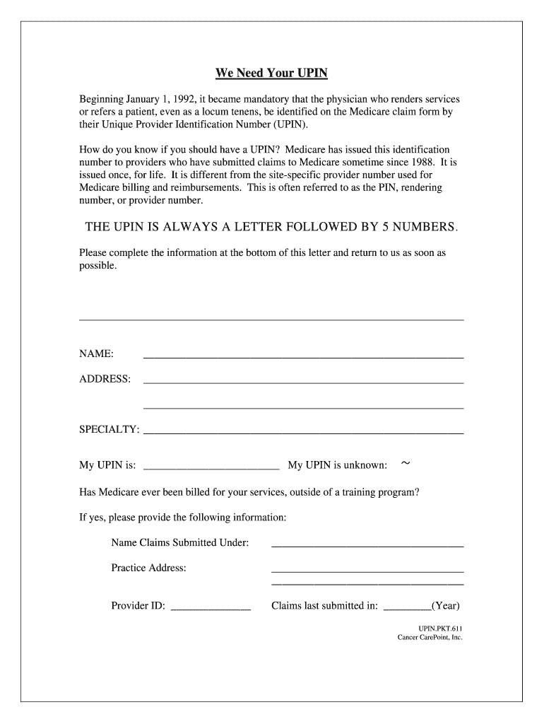 Fillable Online We Need Your UPIN THE UPIN IS ALWAYS A ...