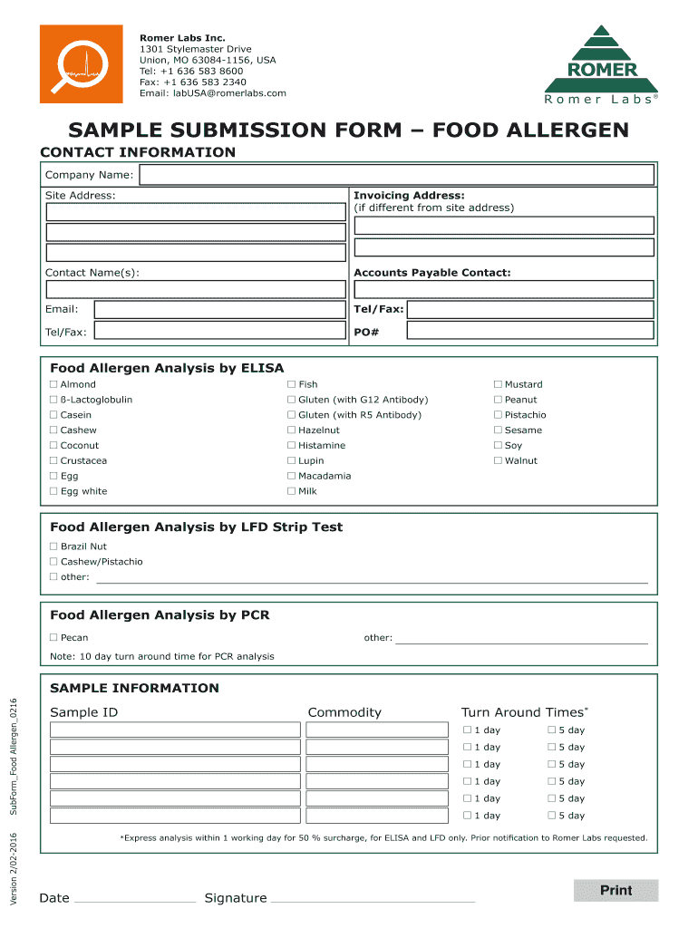 Fillable Online SAMPLE SUBMISSION bFORMb FOOD ALLERGEN - Romer Labs Fax Email Print - pdfFiller
