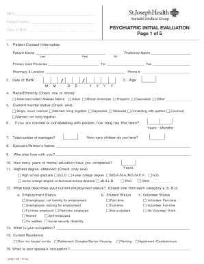 Fillable Online PSYCHIATRIC INITIAL EVALUATION Page 1 of 5 Fax Email ...