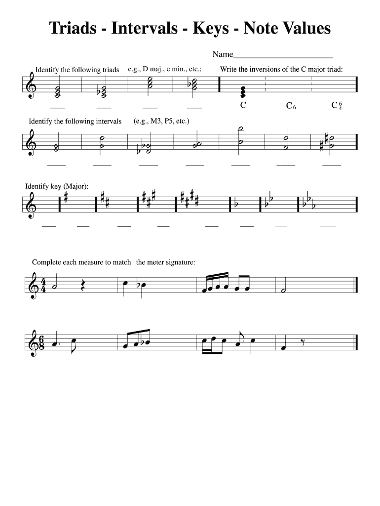 Fillable Online Triads - Intervals - Keys - Note Values - Sheet Music Online Fax Email Print ...