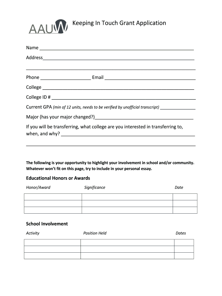 Fillable Online aauw-morganhill Keeping In Touch Grant Application - bAAUWb Morgan Hill Fax ...