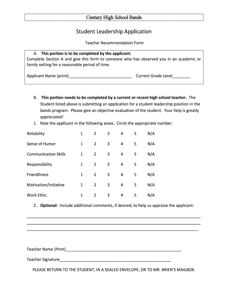 Fillable Online Student Leadership Application - centuryhighbandscom ...