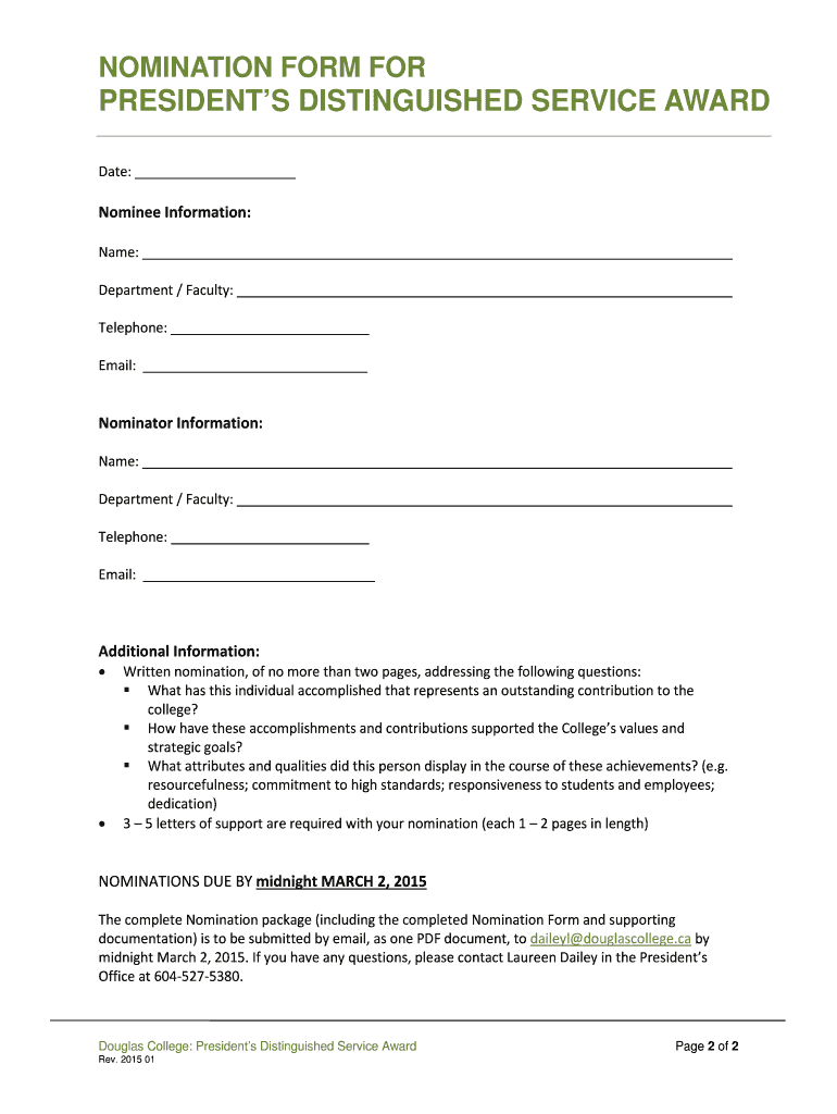 Fillable Online President's Distinguished Service Award - Douglas College Fax Email Print ...
