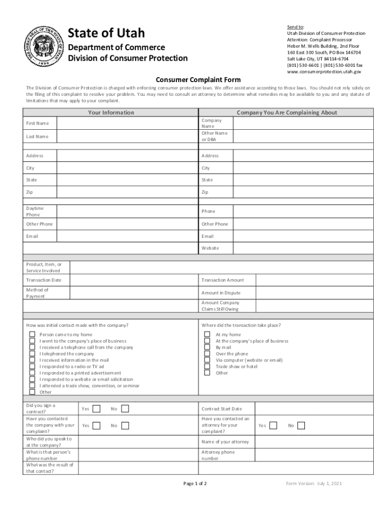 2021-2025 UT Consumer Complaint Form - Salt Lake City Fill Online ...