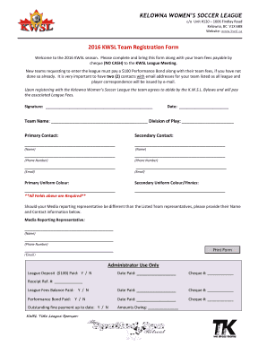 Fillable Online 2016 KWSL Team Registration Form Fax Email Print ...