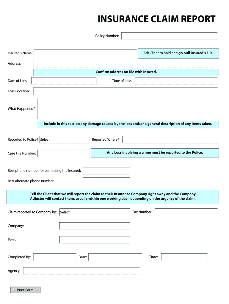 Fillable Online INSURANCE CLAIM REPORT - lottomarscom Fax Email Print ...