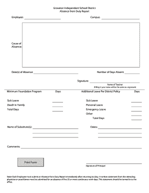 Fillable Online grovetonisd Absence from Duty Report Form to be ...