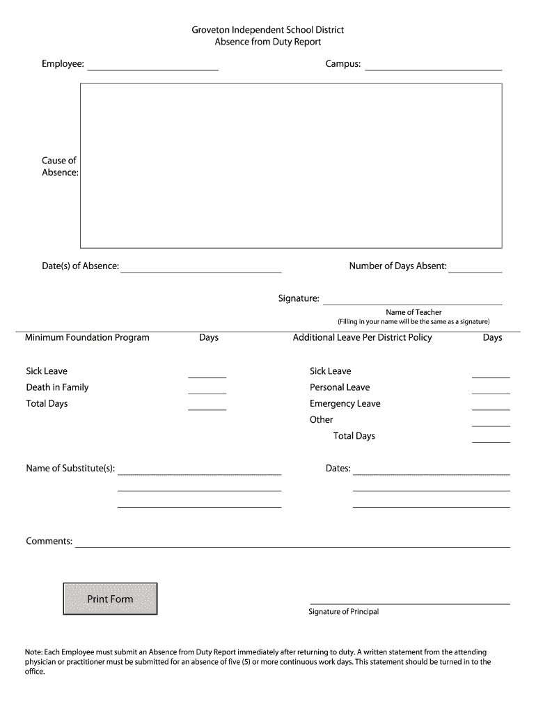 Fillable Online grovetonisd Absence from Duty Report Form to be ...