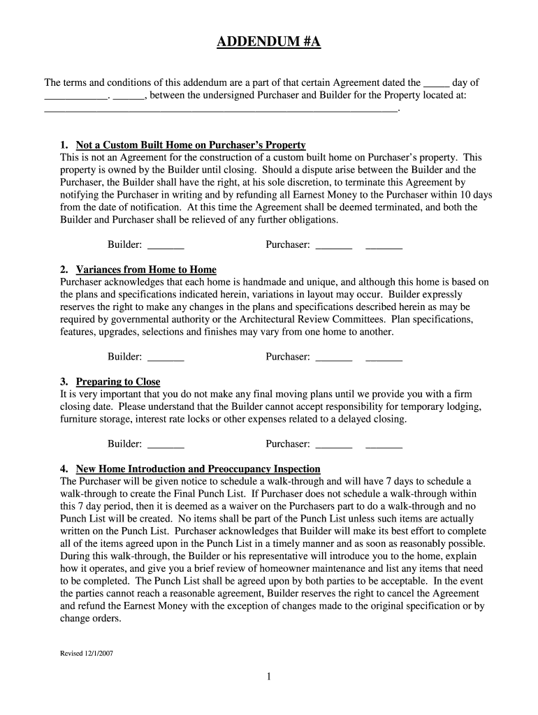 Fillable Online 4starrealty Addendum A New Construction Contract Dec ...