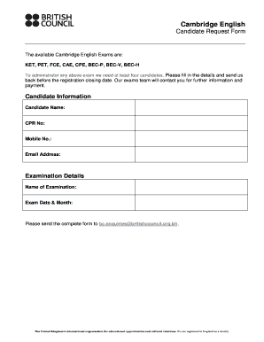 Fillable Online britishcouncil Cambridge English Candidate Request Form ...