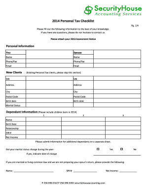Fillable Online 2014 Personal Tax Checklist Fax Email Print - pdfFiller