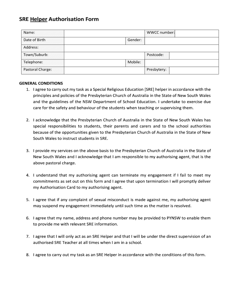 Fillable Online breakingthesilence org SRE Helper Authorisation Form ...