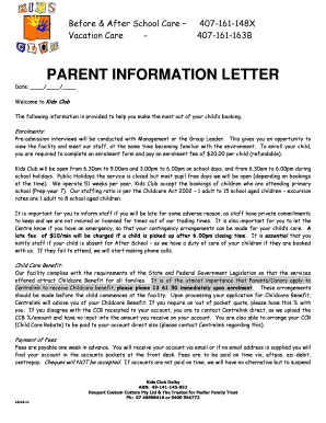 Fillable Online PARENT INFORMATION LETTER - bkidsclubdalbybbcombau Fax ...