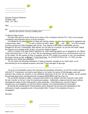 Fillable Online NOTICE OF INTENT TO FILE COMPLAINT To Whom It May ...