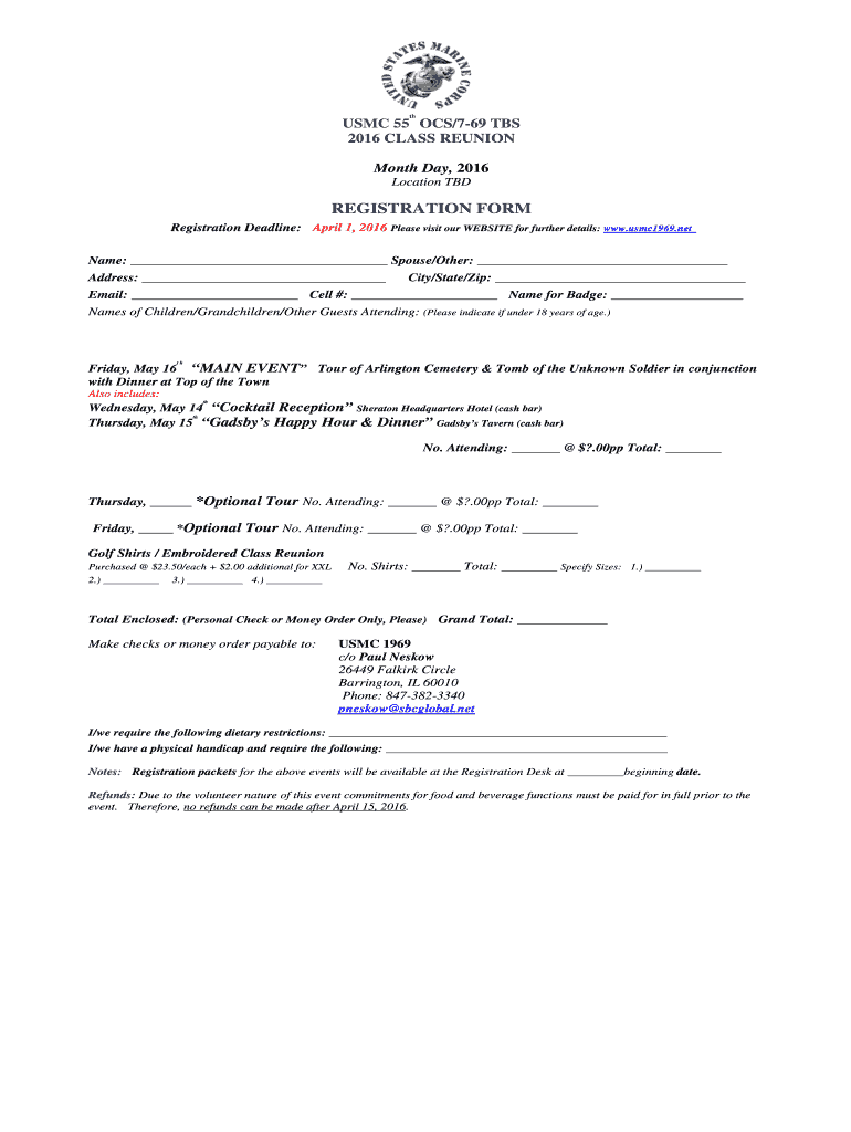 Fillable Online usmc1969 2016 USMC Reunion Registration Form - USMC ...
